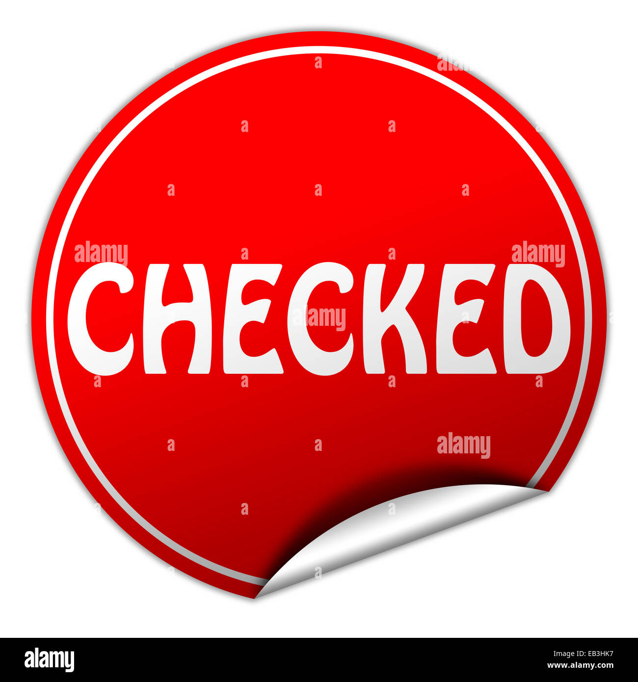 checked round red sticker on white background Stock Photo - Alamy