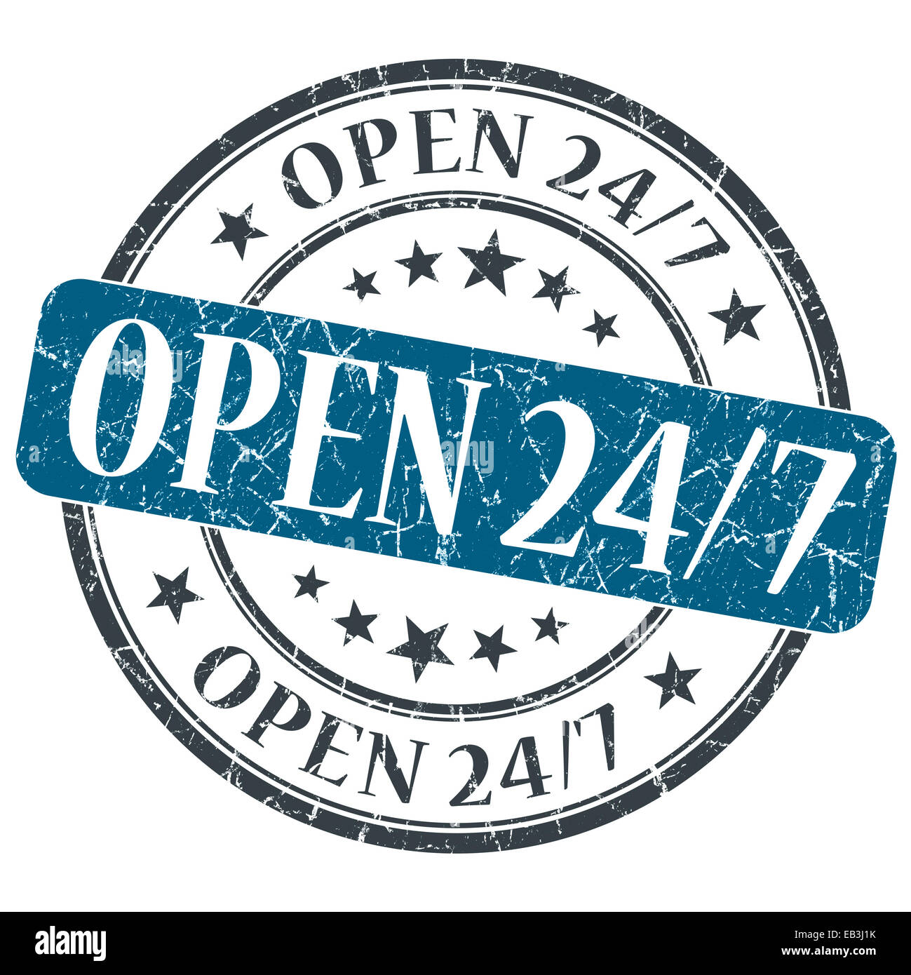 Open 24 7 blue grunge round stamp on white background Stock Photo - Alamy