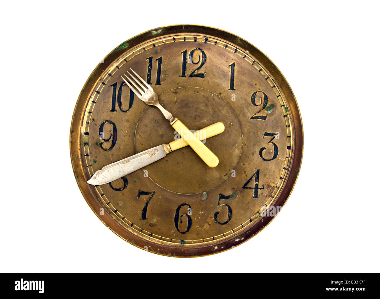 dinner time concept - old clock face dial with fork and knife arrows ...