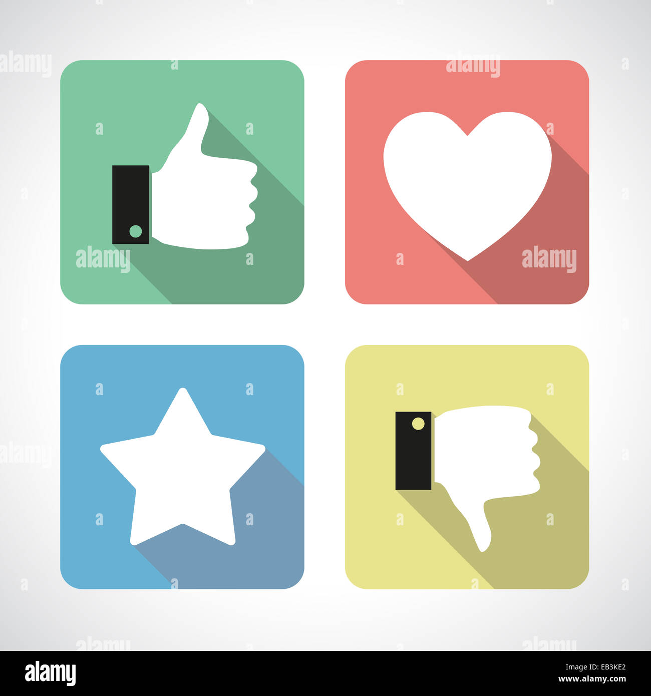 Four colorful flat icons with long shadow. Thumb up, thumb down, star ...