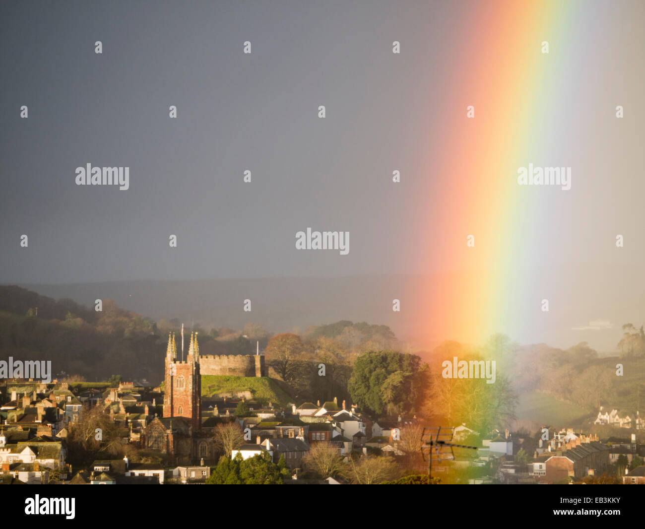 A rainbow over the town of Totnes in Devon in England UK Stock Photo ...