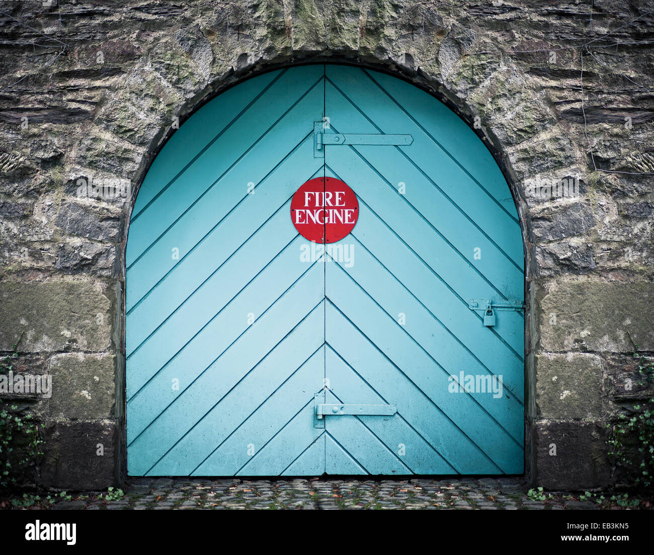 fire station, fire engine blue door at portmerion north wales uk ...