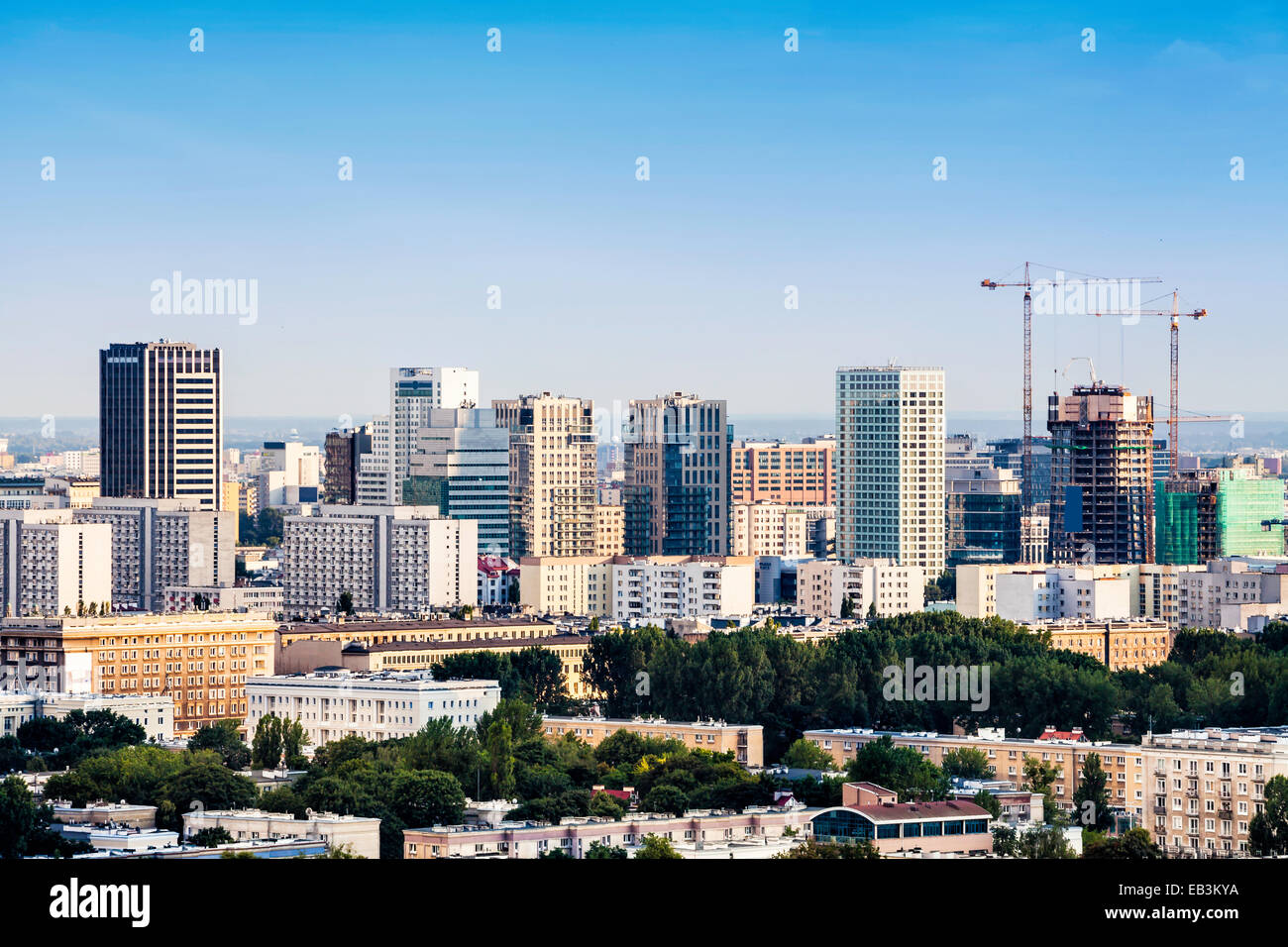 Panorama of city business district at sunny day. Warsaw, Poland Stock ...