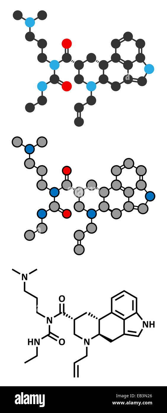 Cabergoline drug molecule. Used in Parkinson's disease and other ...