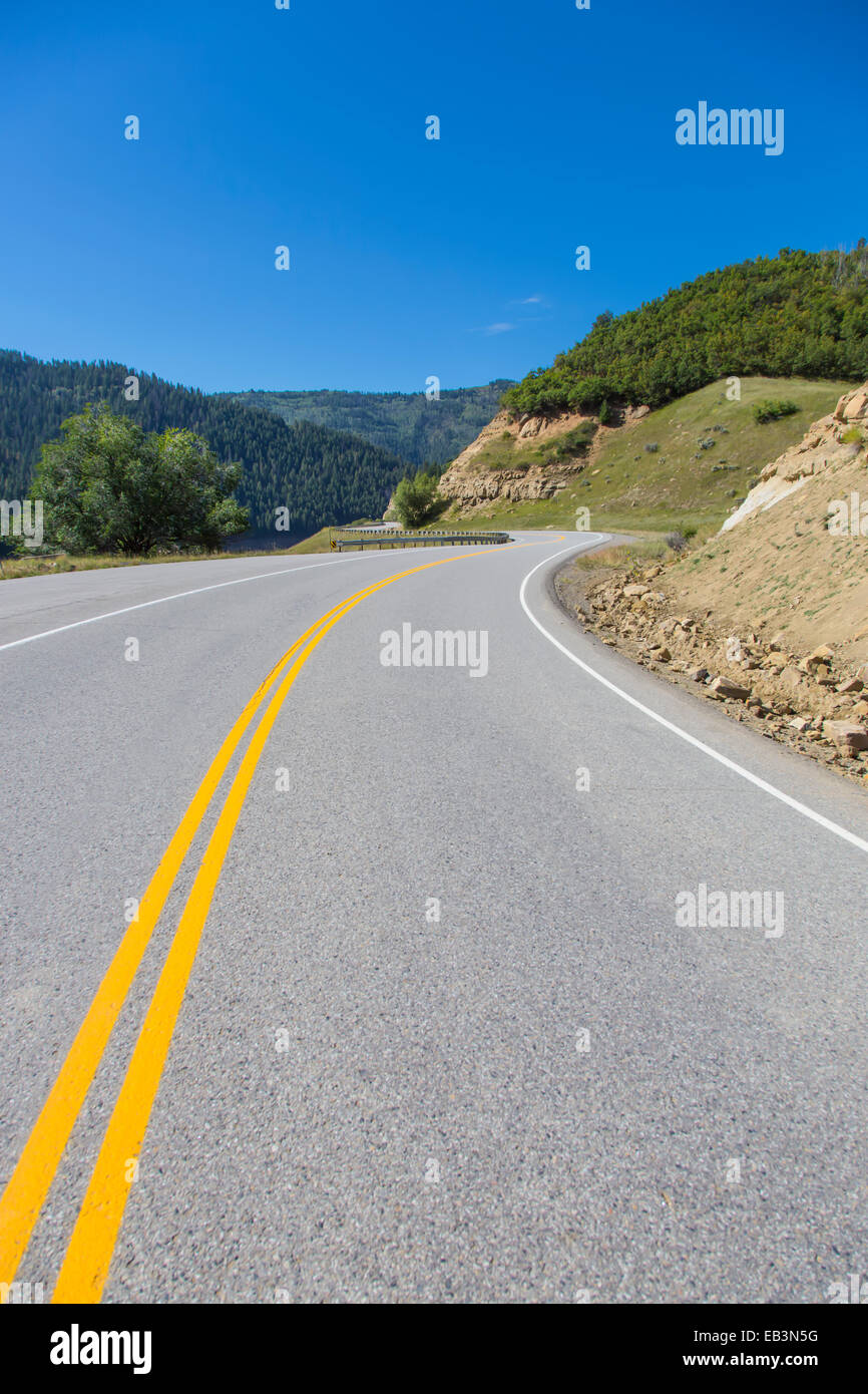 Empty curving road Route 133 in the Rocky Mountains of Colorado Stock ...