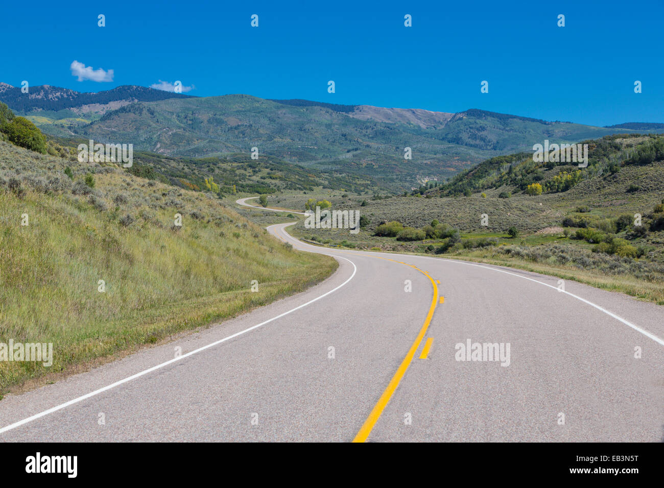 Empty curving road Route 133 in the Rocky Mountains of Colorado Stock ...