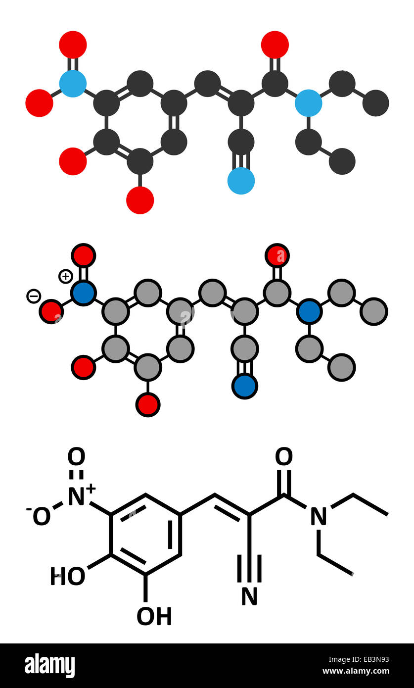 Entacapone Parkinson's disease drug molecule. Conventional skeletal ...