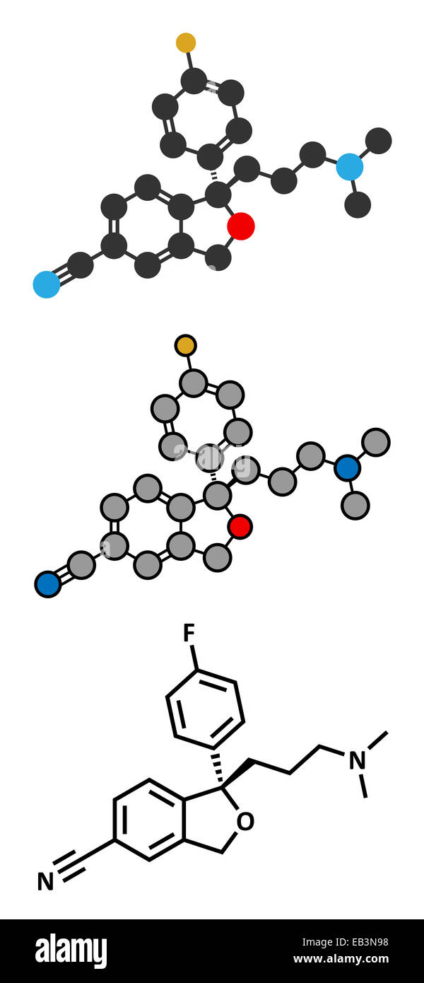 Escitalopram antidepressant drug (SSRI class) molecule. Conventional ...