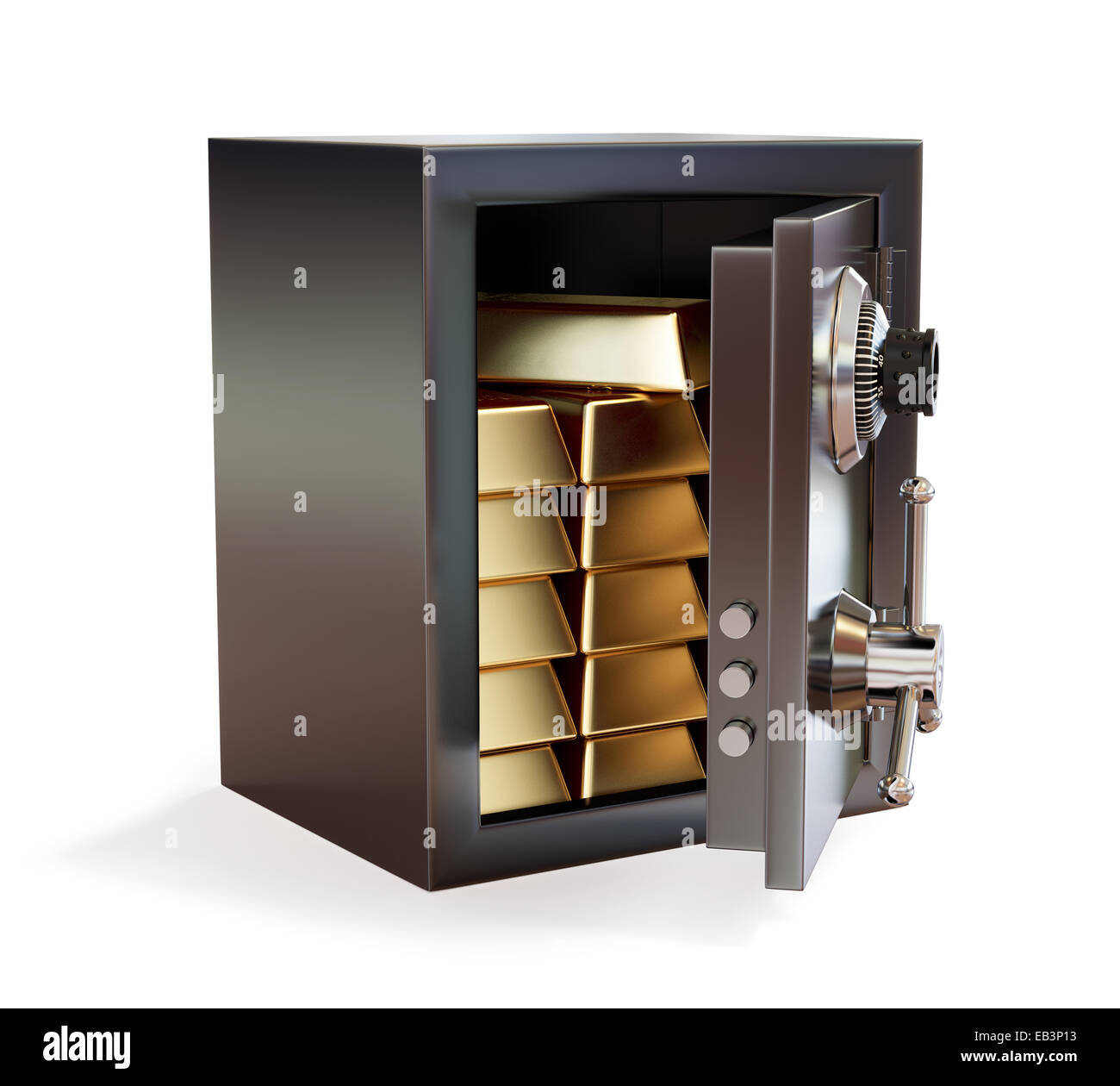 3d illustration of opened metal safe with gold bars isolated on white ...