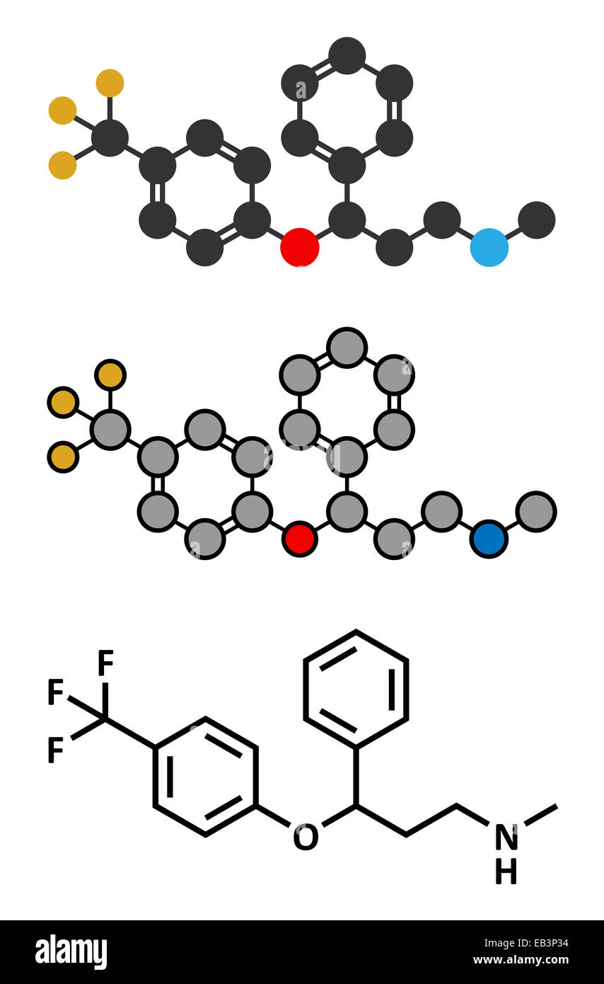 Fluoxetine antidepressant drug (SSRI class) molecule. Conventional ...