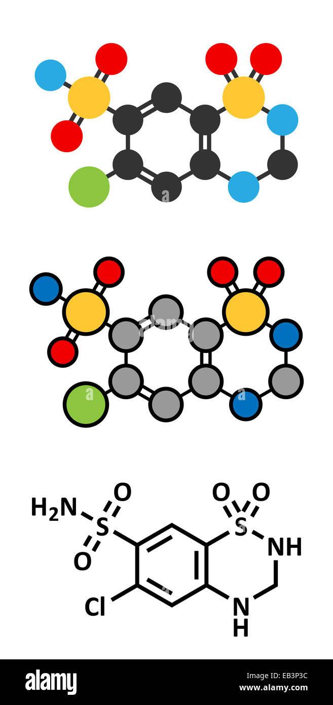 Hydrochlorothiazide diuretic drug molecule. Conventional skeletal ...