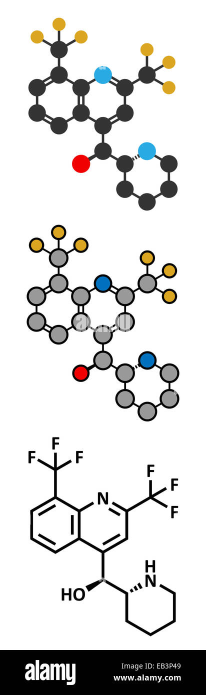 Mefloquine malaria drug molecule. Conventional skeletal formula and ...