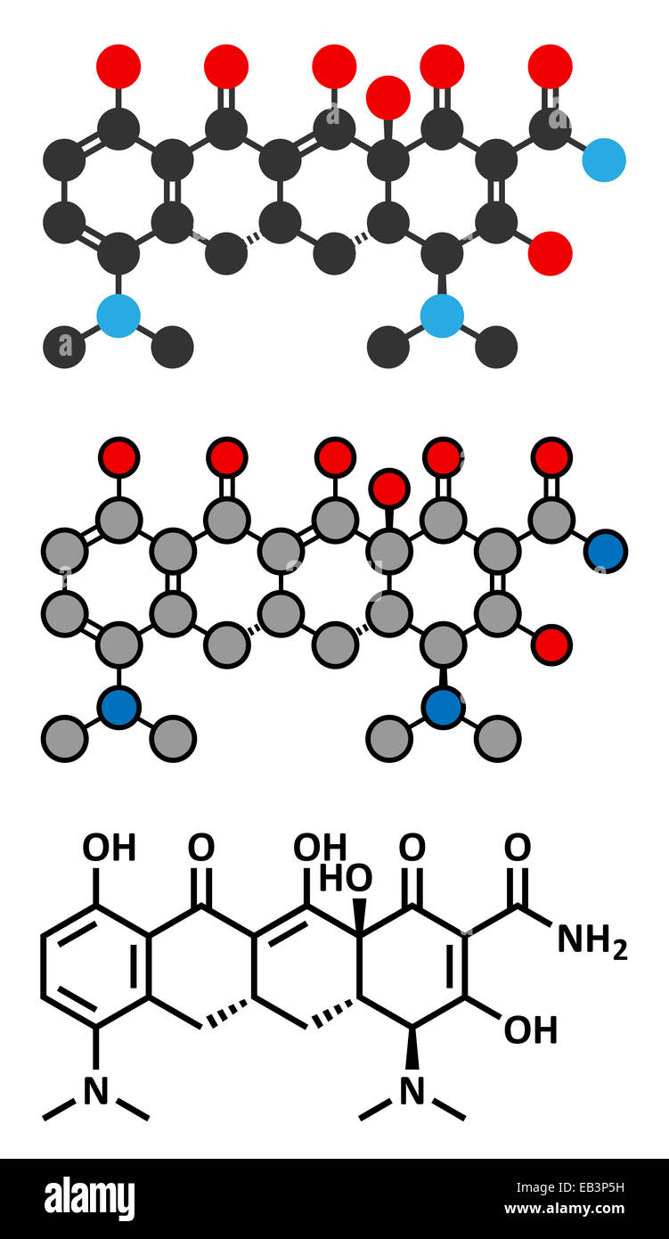 Minocycline antibiotic drug (tetracycline class) molecule. Conventional ...