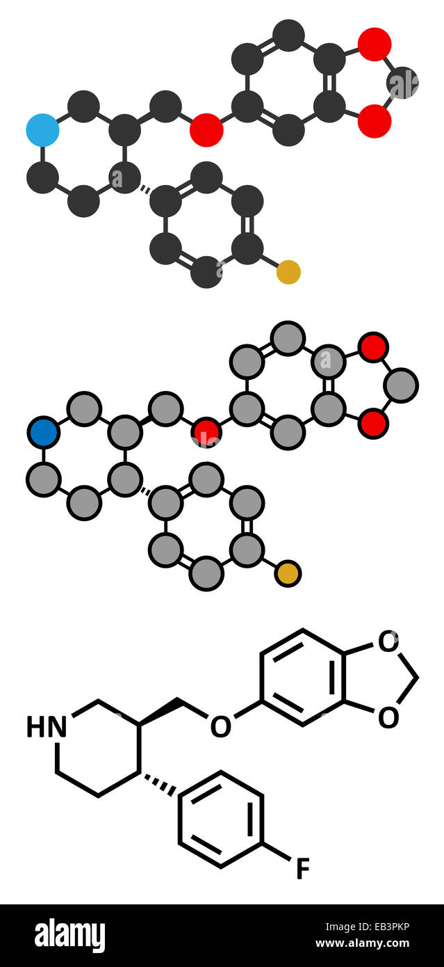 Paroxetine antidepressant drug (SSRI class) molecule. Conventional ...