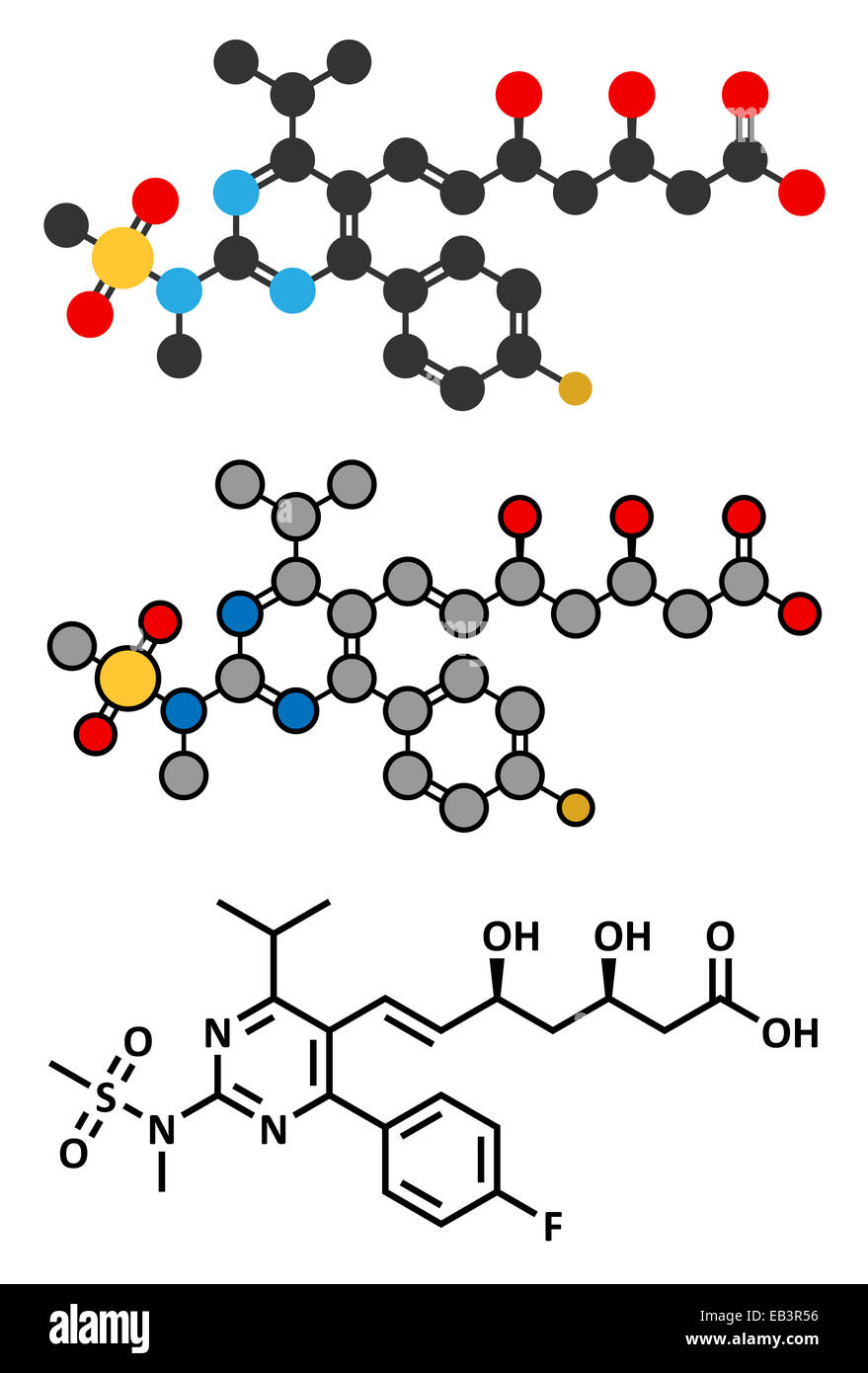 Rosuvastatin cholesterol lowering drug (statin class) molecule. Conventional skeletal formula ...