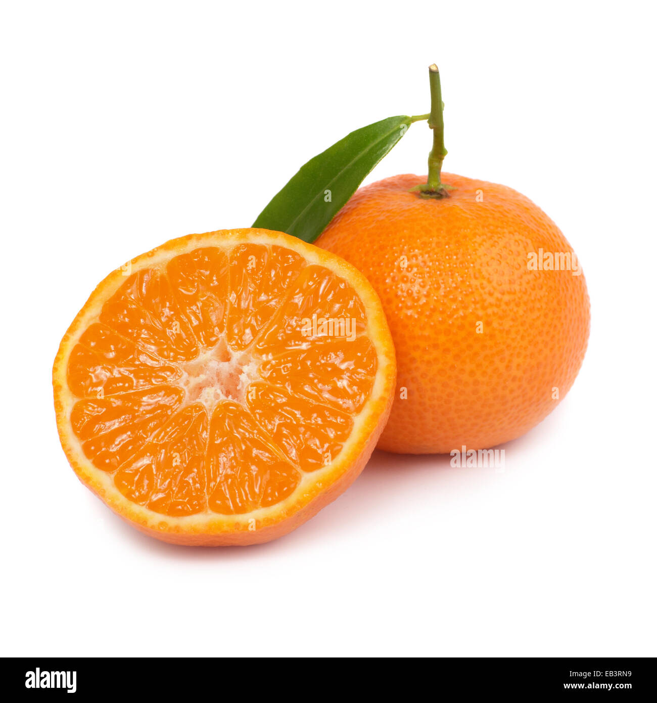 Two orange mandarins with green leaf isolated on white background Stock ...