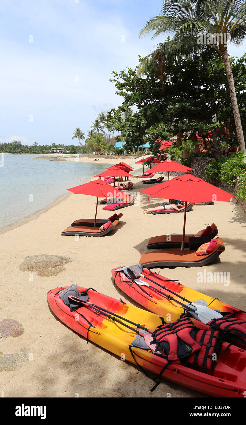bright colored beach with kayaks Stock Photo - Alamy