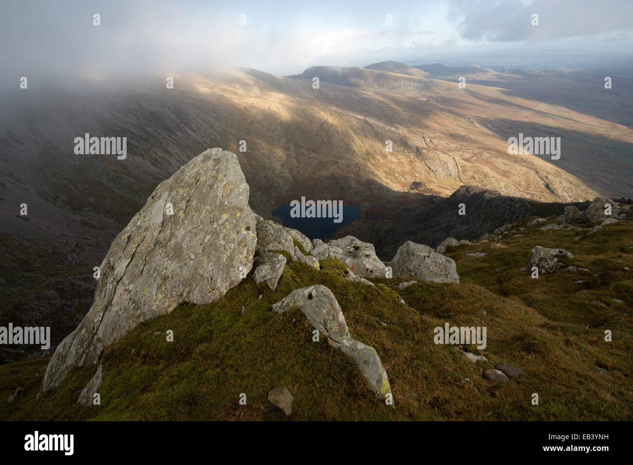 Rocks over Cwm Lloer, Summit of Pen Yr Ole Wen, Snowdonia National Park ...