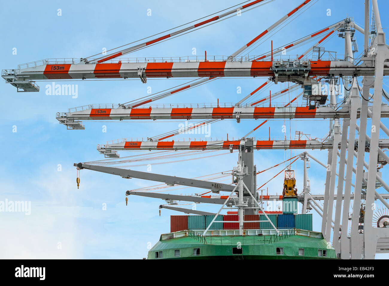 Container Ship in terminal working with shore crane at dock Stock Photo ...