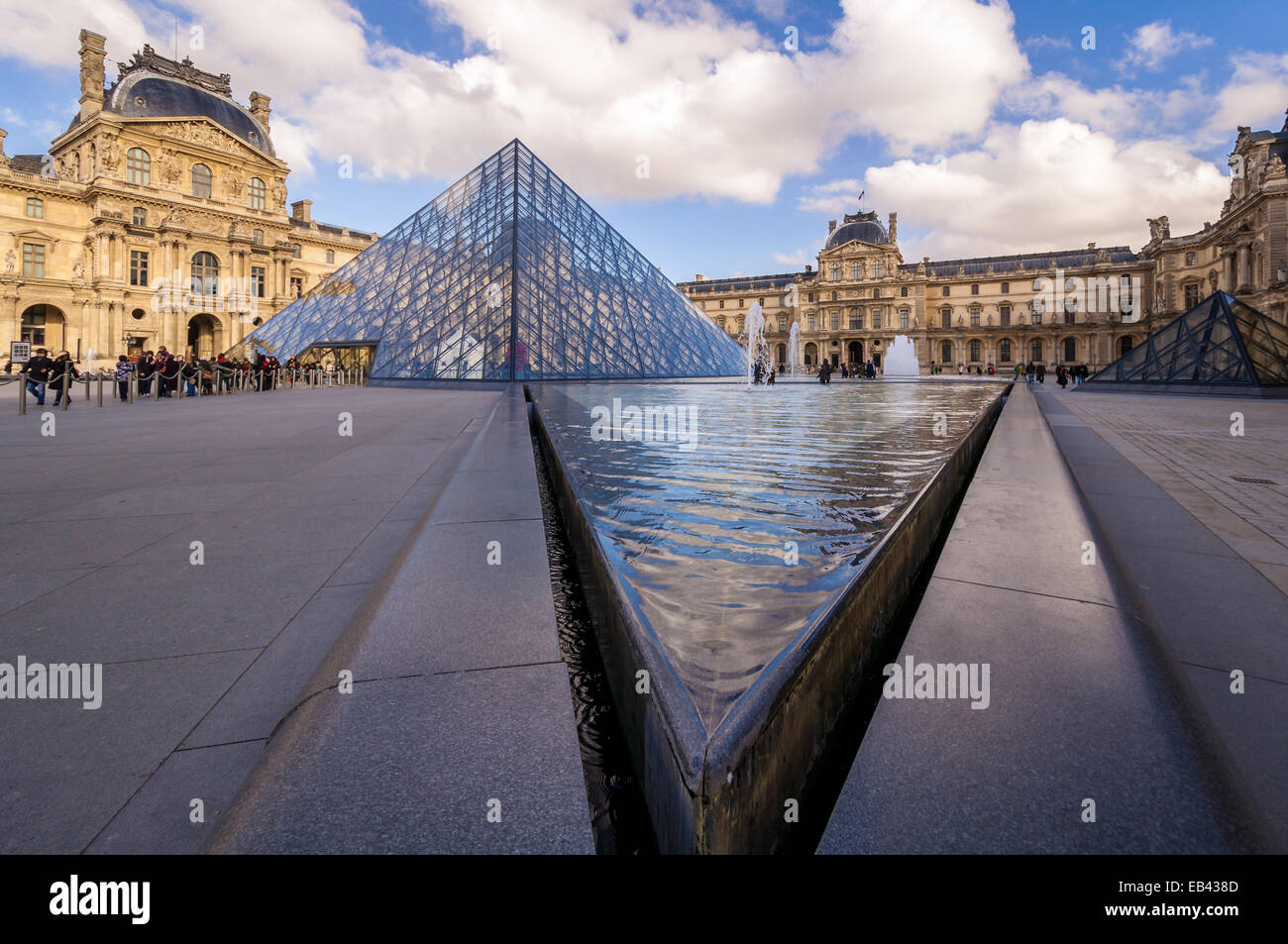 The pool at the Louvre points towards the glass pyramid and the museum ...