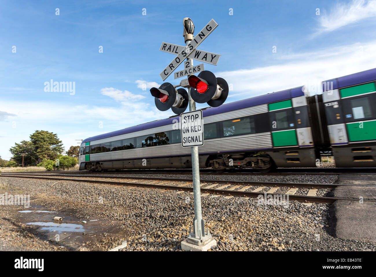 Railway crossing and signal lights on country road near Melbourne ...