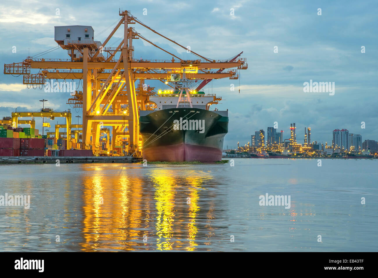 Industrial Container Cargo freight ship with working crane bridge in ...