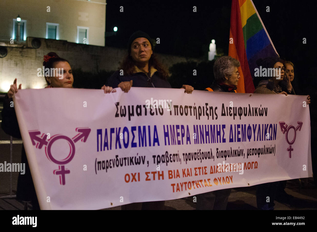 Transgenders demonstrate in front of the Greek parliament with a banner ...