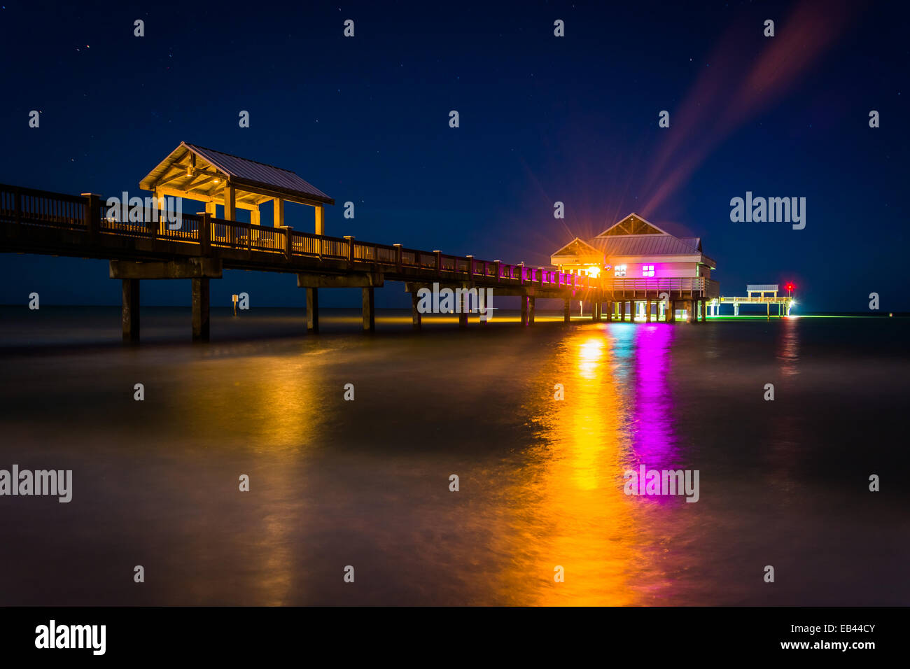 Fishing pier and the Gulf of Mexico at night, in Clearwater Beach ...