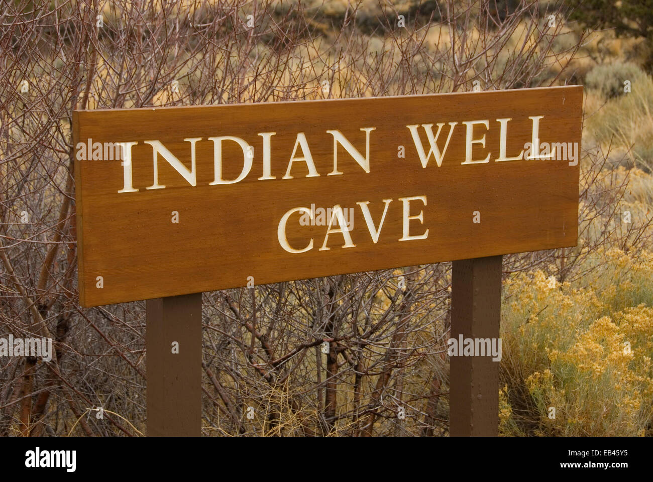 Indian Well Cave sign, Lava Beds National Monument, California Stock ...