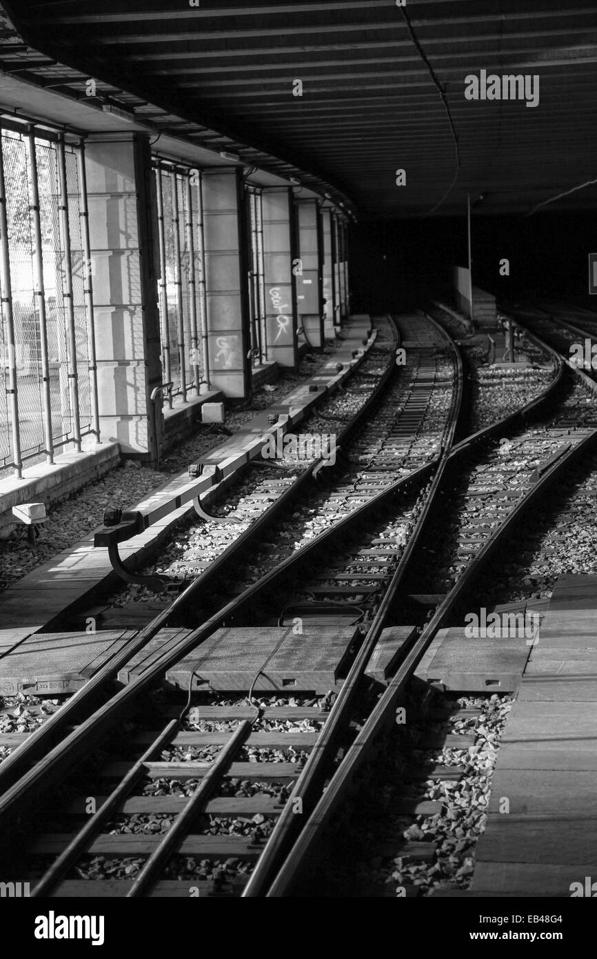 Train tracks in a Station. Photographed in Vienna Austria Stock Photo ...