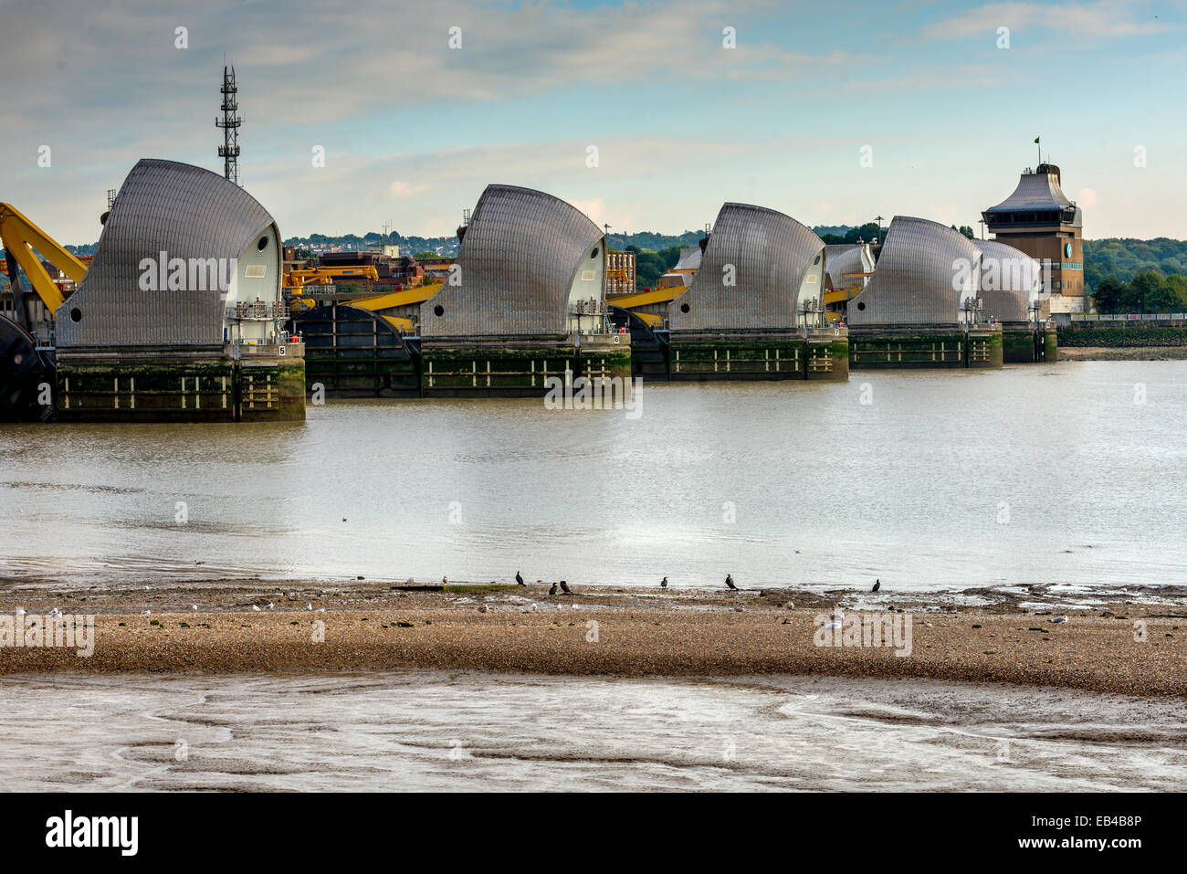 The Thames Flood Barrier on the River Thames in East London Stock Photo ...