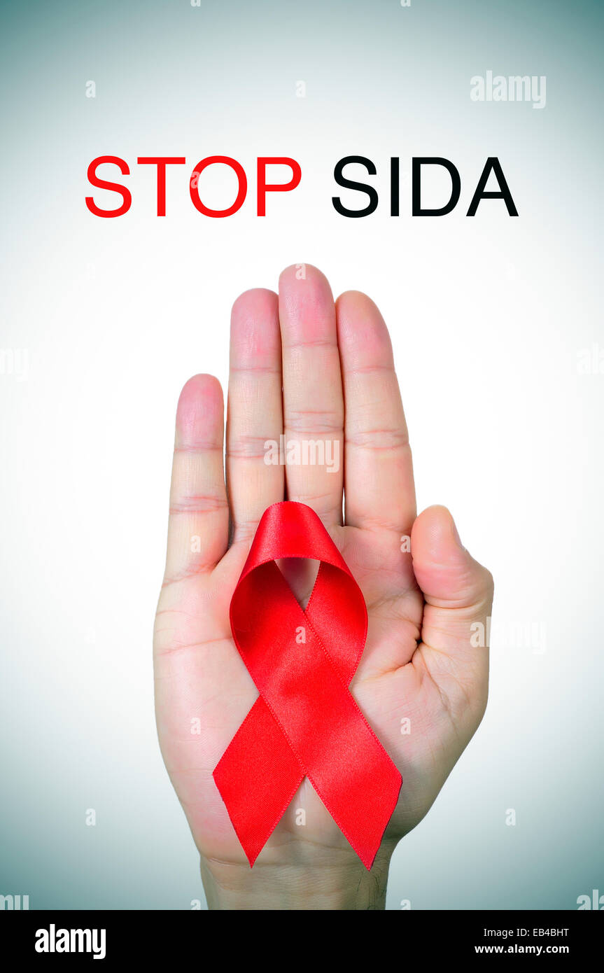 the text stop SIDA, stop AIDS in spanish, french or portuguese, and a ...