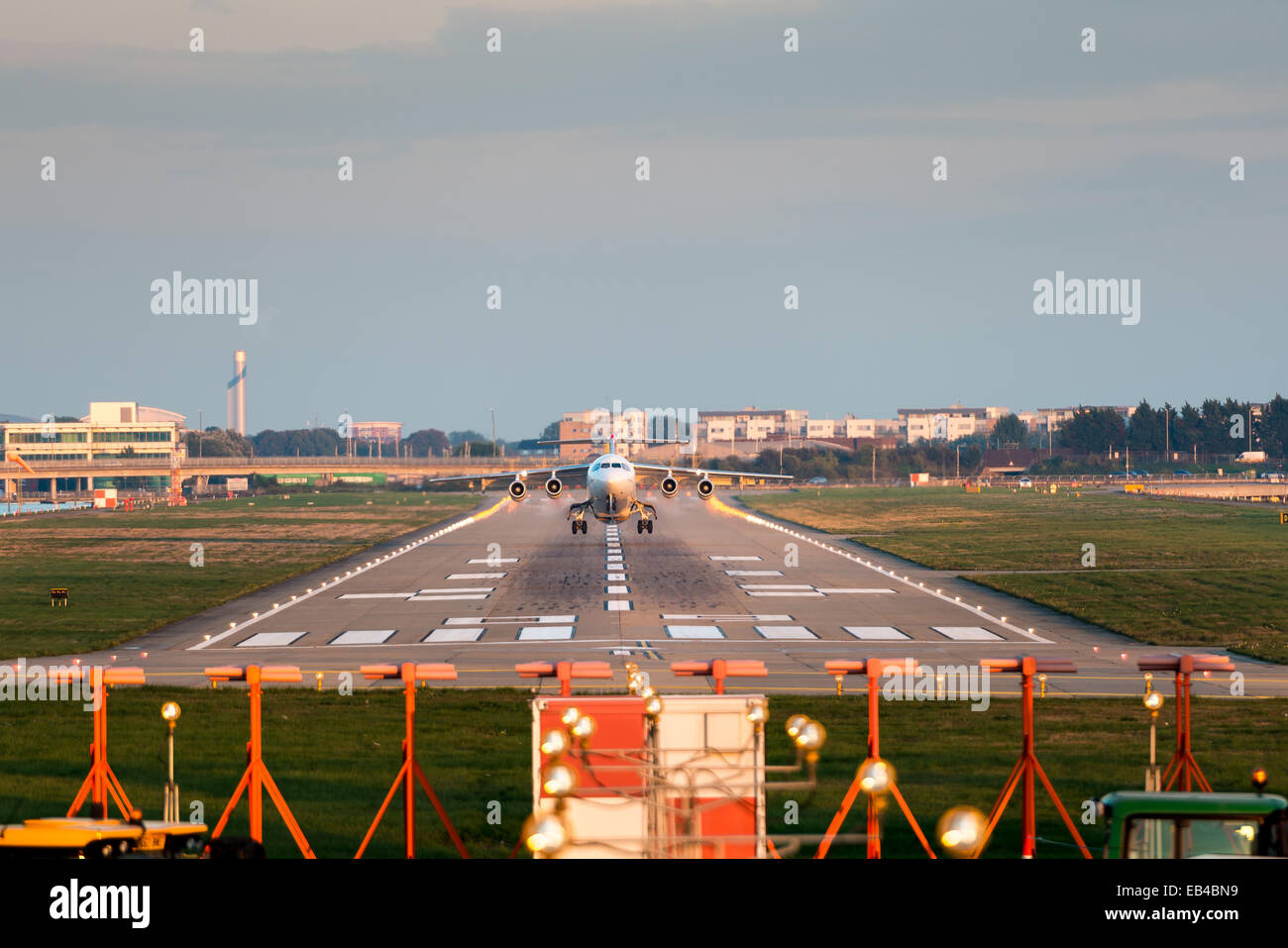 Jet plane taking off from the runway of City Airport, London Stock ...