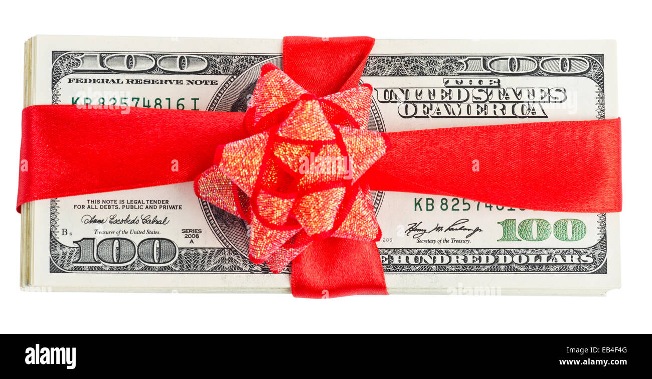 Money gift (big stack of dollars with red bow isolated on white ...