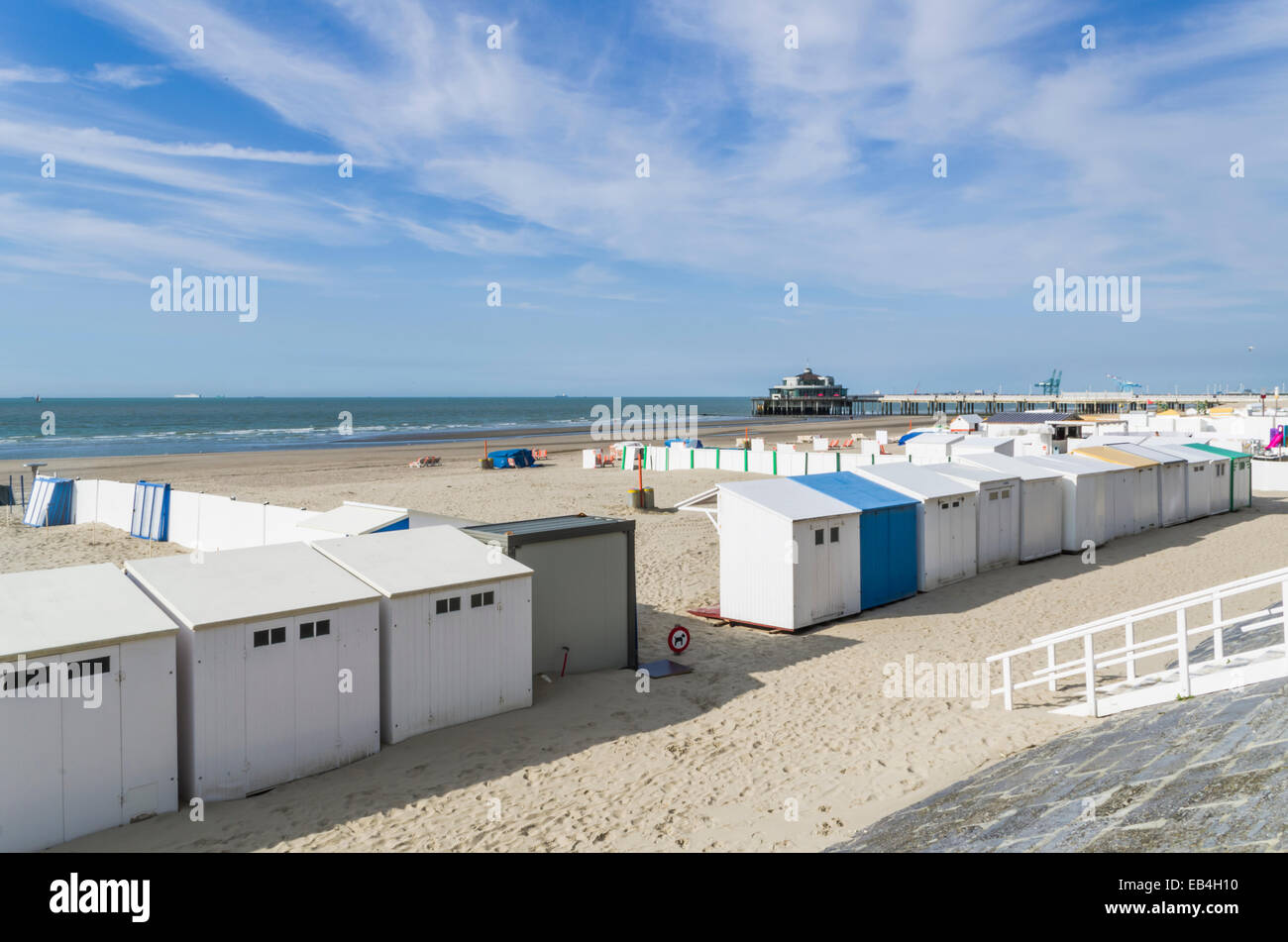 Beach huts on the North Sea coast beach in Blankenberge with the ...
