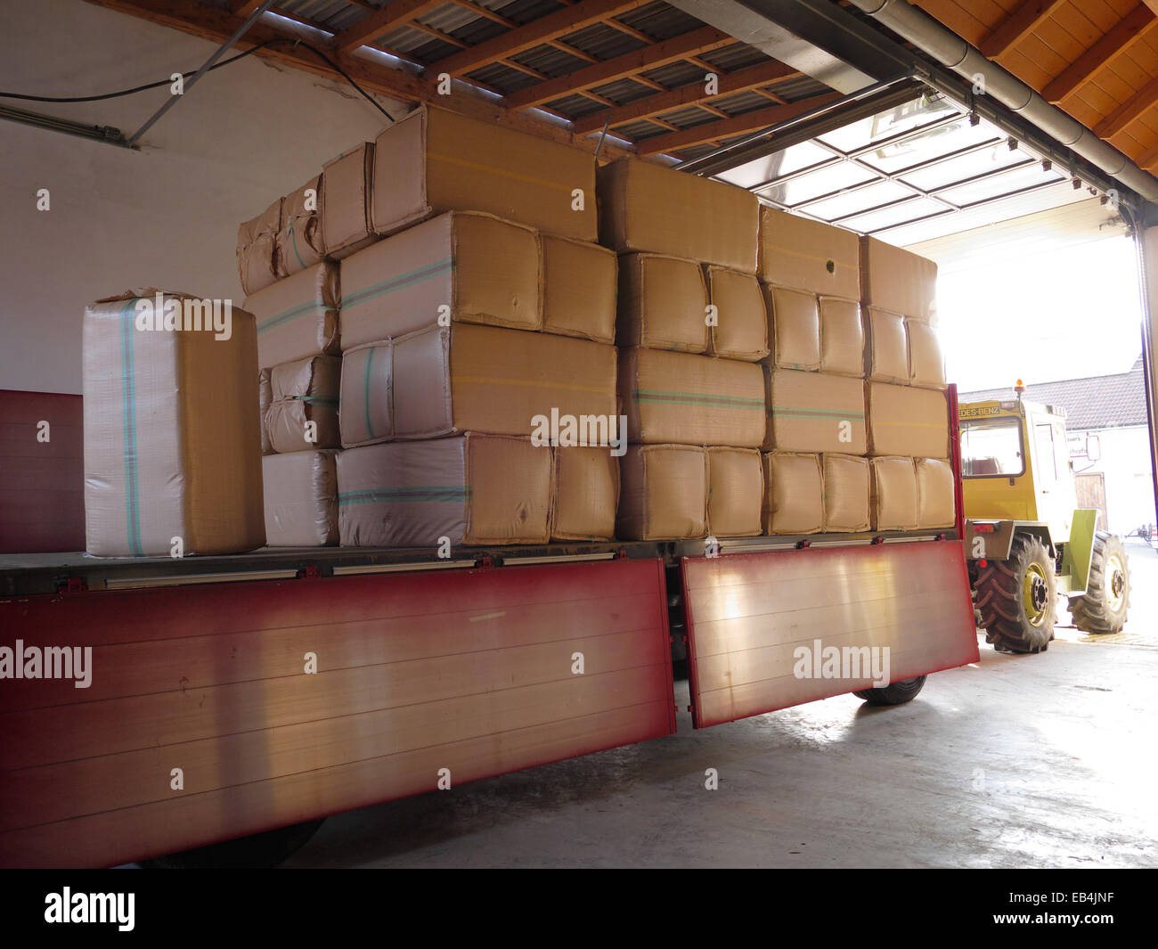 Germany Bavaria Hallertau Hops packed in big bag ready to be lifted up ...