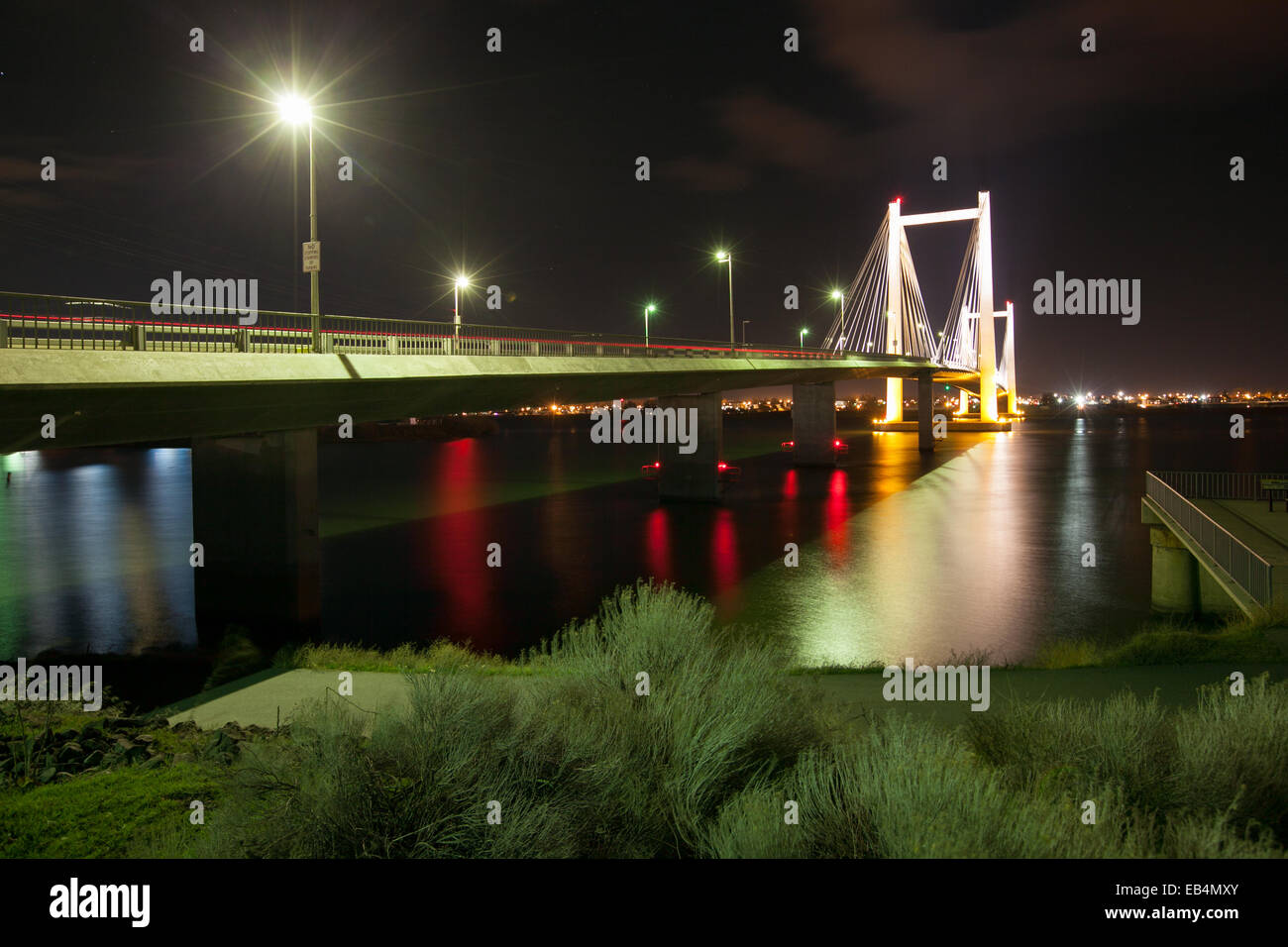 The Cable Bridge, connecting Kennewick to Pasco, illuminated at night ...