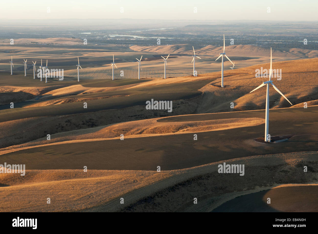 Windmill turbines in an arid, hilly landscape near the Columbia River ...