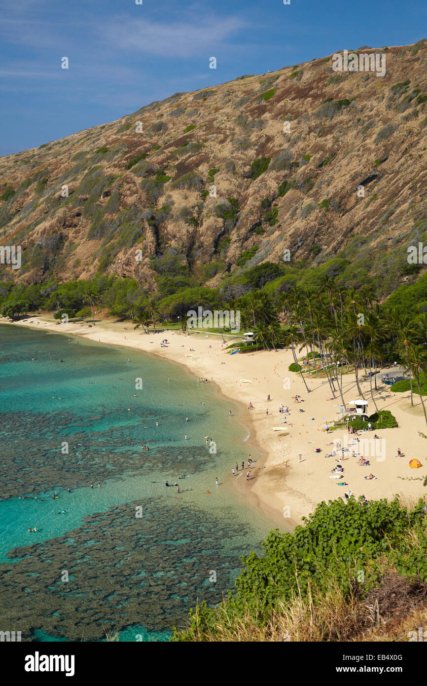 Beach at Hanauma Bay Nature Preserve (in old volcanic crater), Oahu ...