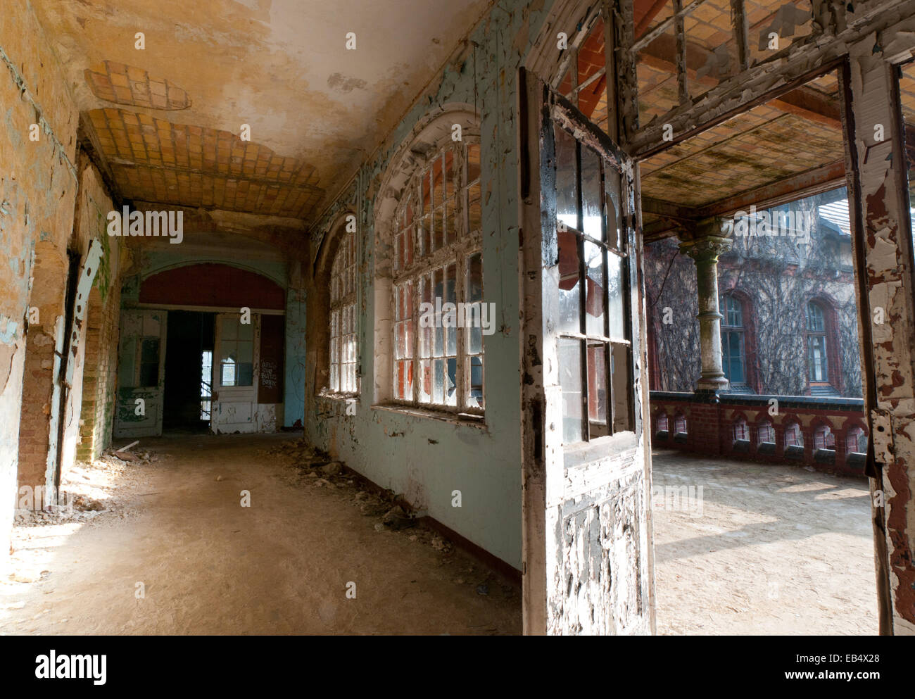 Dilapidated corridor in Beelitz Heilstaetten former TB hospital, lost ...