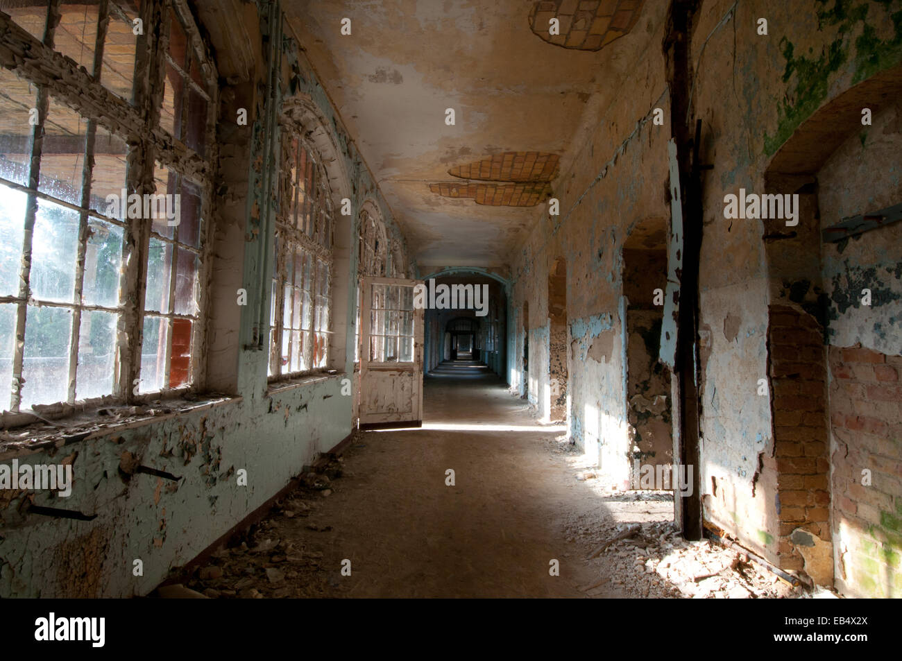 Dilapidated corridor in Beelitz Heilstaetten former TB hospital, lost ...