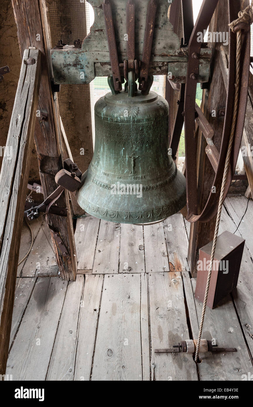The bell chamber (belfry) in the campanile (tower) of an Italian church ...