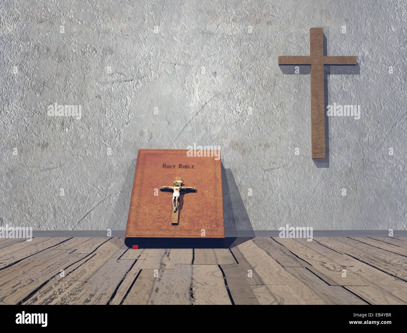 Religious room with Bible and christian cross - 3D render Stock Photo ...