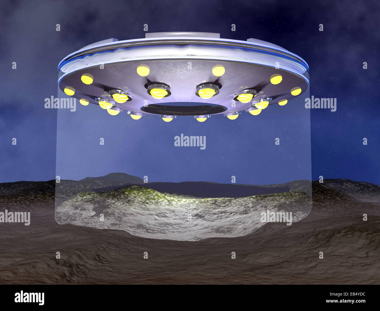 UFO landing on desertic land by night - 3D render Stock Photo - Alamy