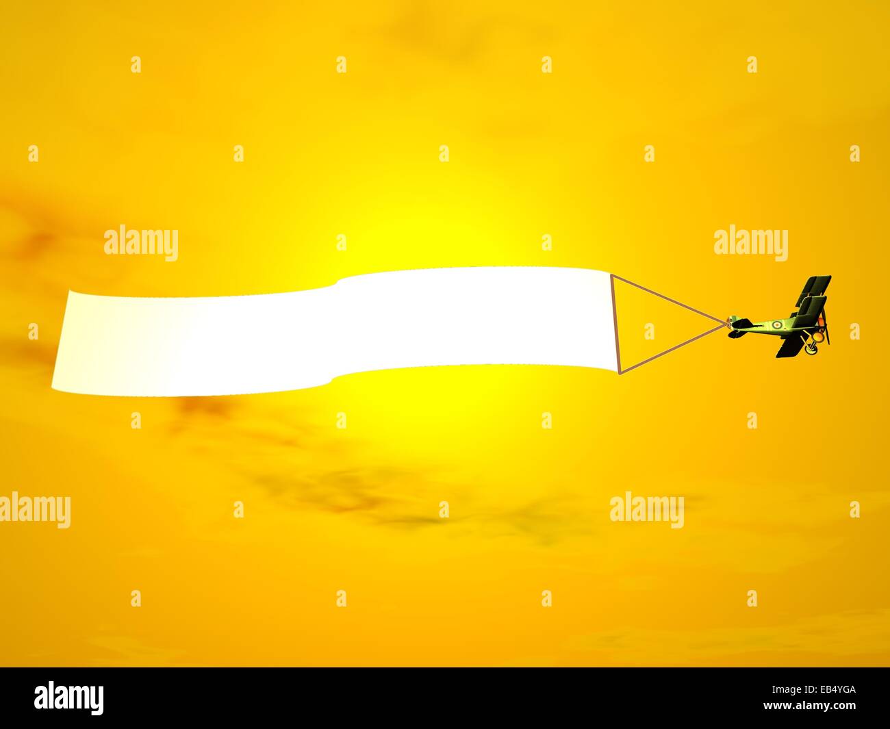 Biplane aircraft pulling advertisement banner in orange sunset sky - 3D ...