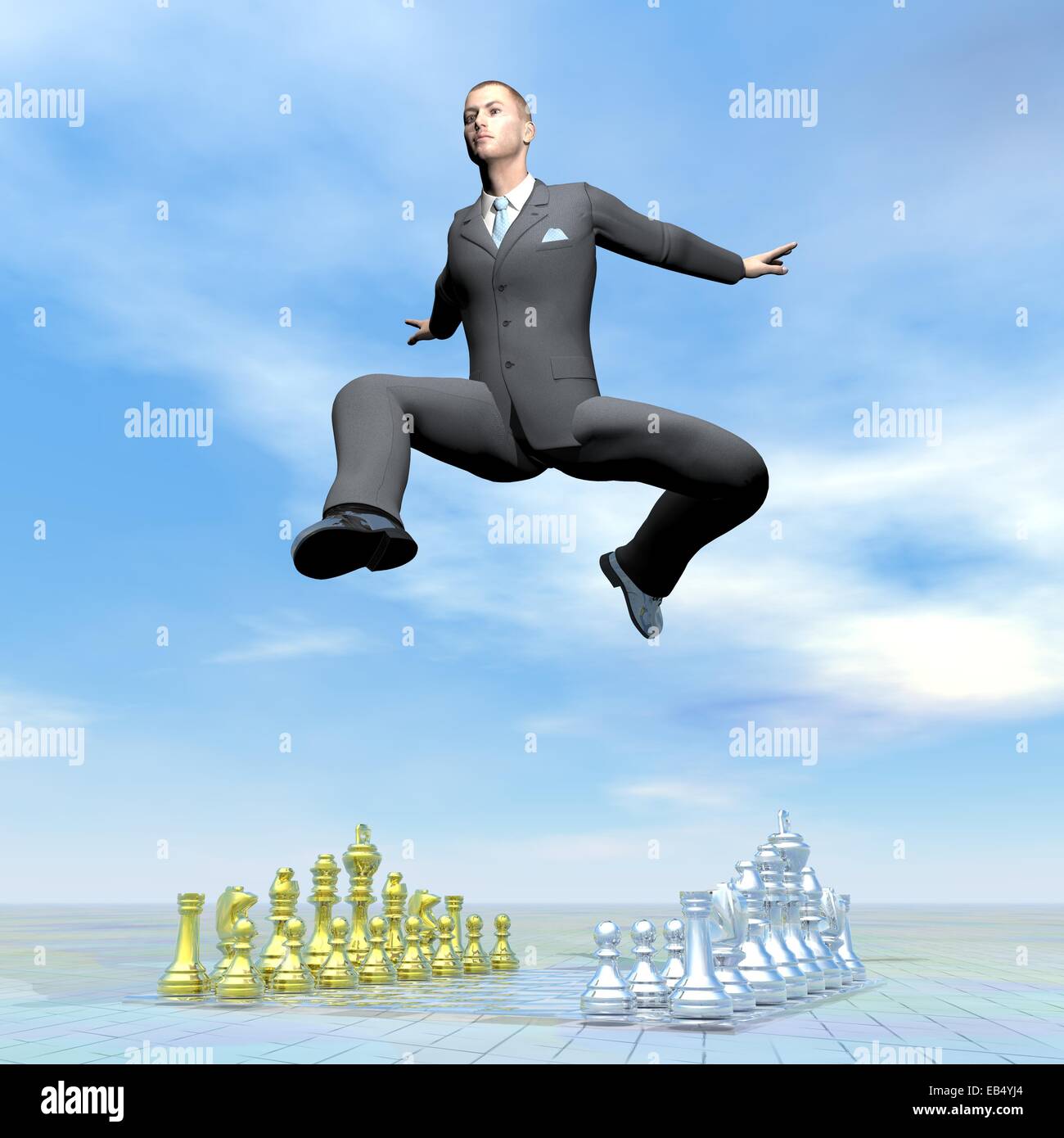 Businessman jumping upon chessboard by beautiful day - 3D render Stock ...