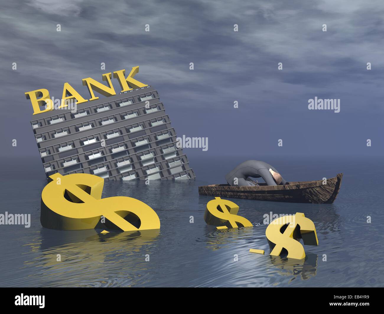Dispair businessman on y boat surrounded with sinking dollar, euro and ...