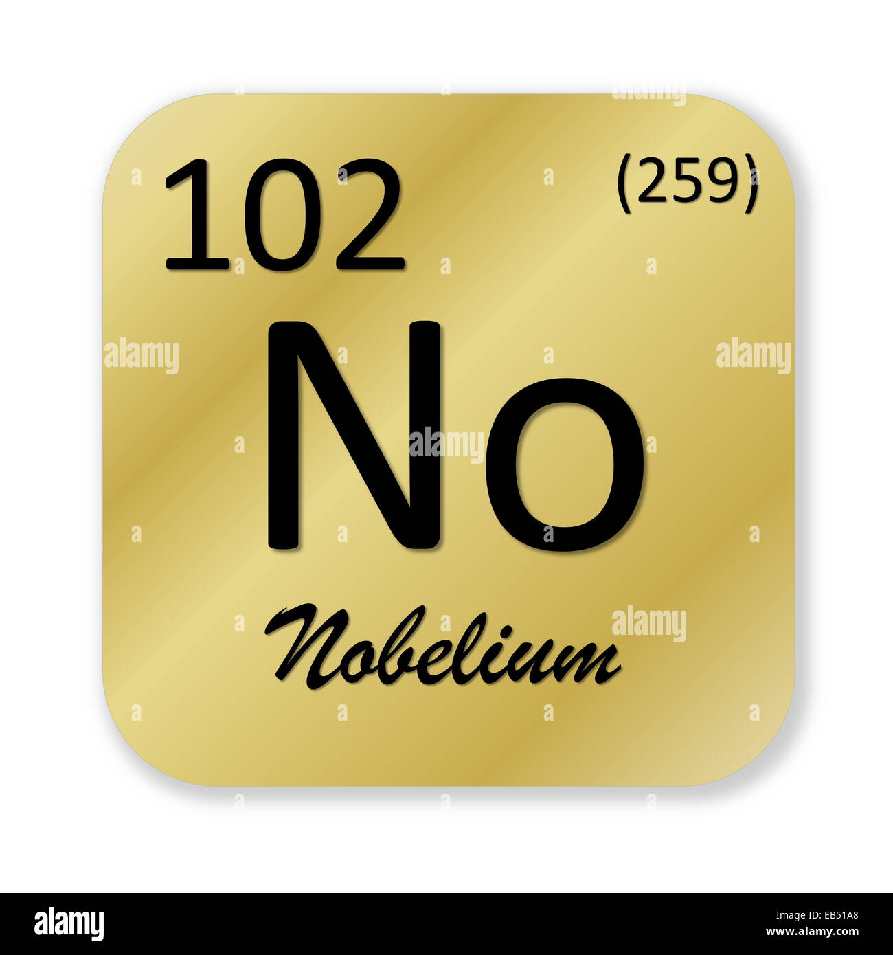 Black nobelium element into golden square shape isolated in white ...