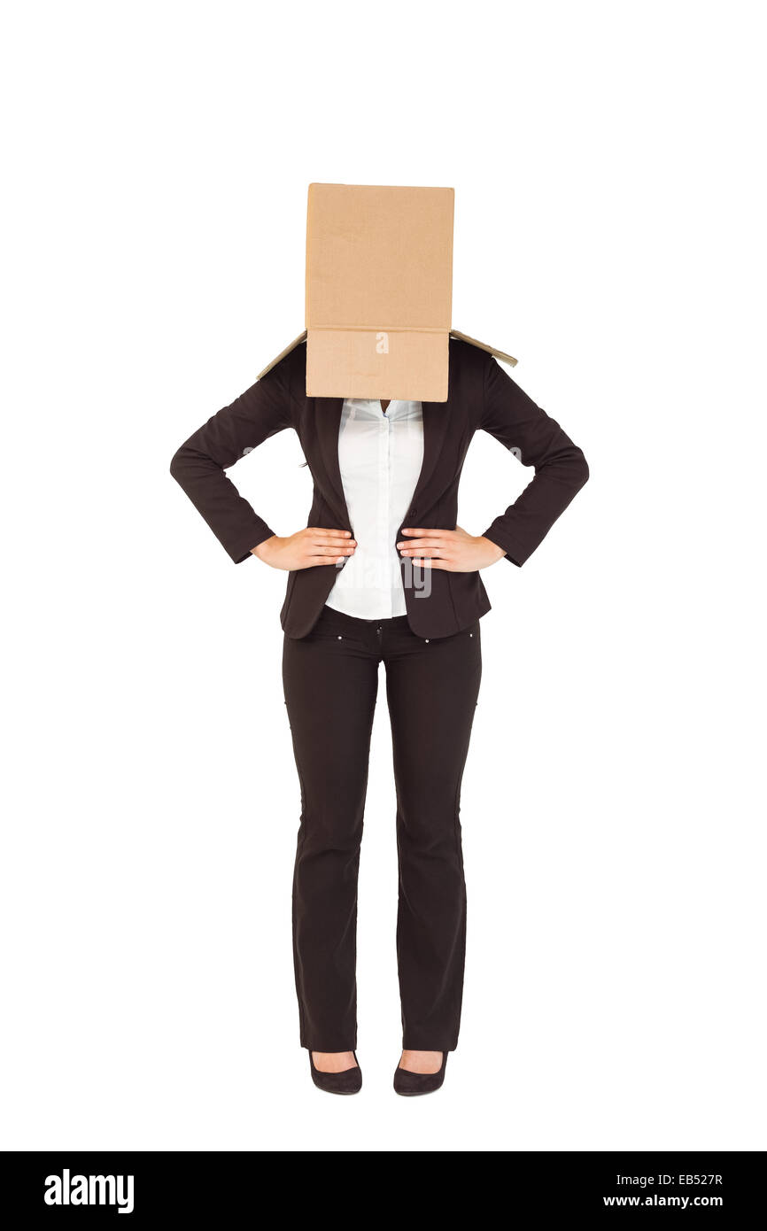 Businesswoman with box over head Stock Photo - Alamy