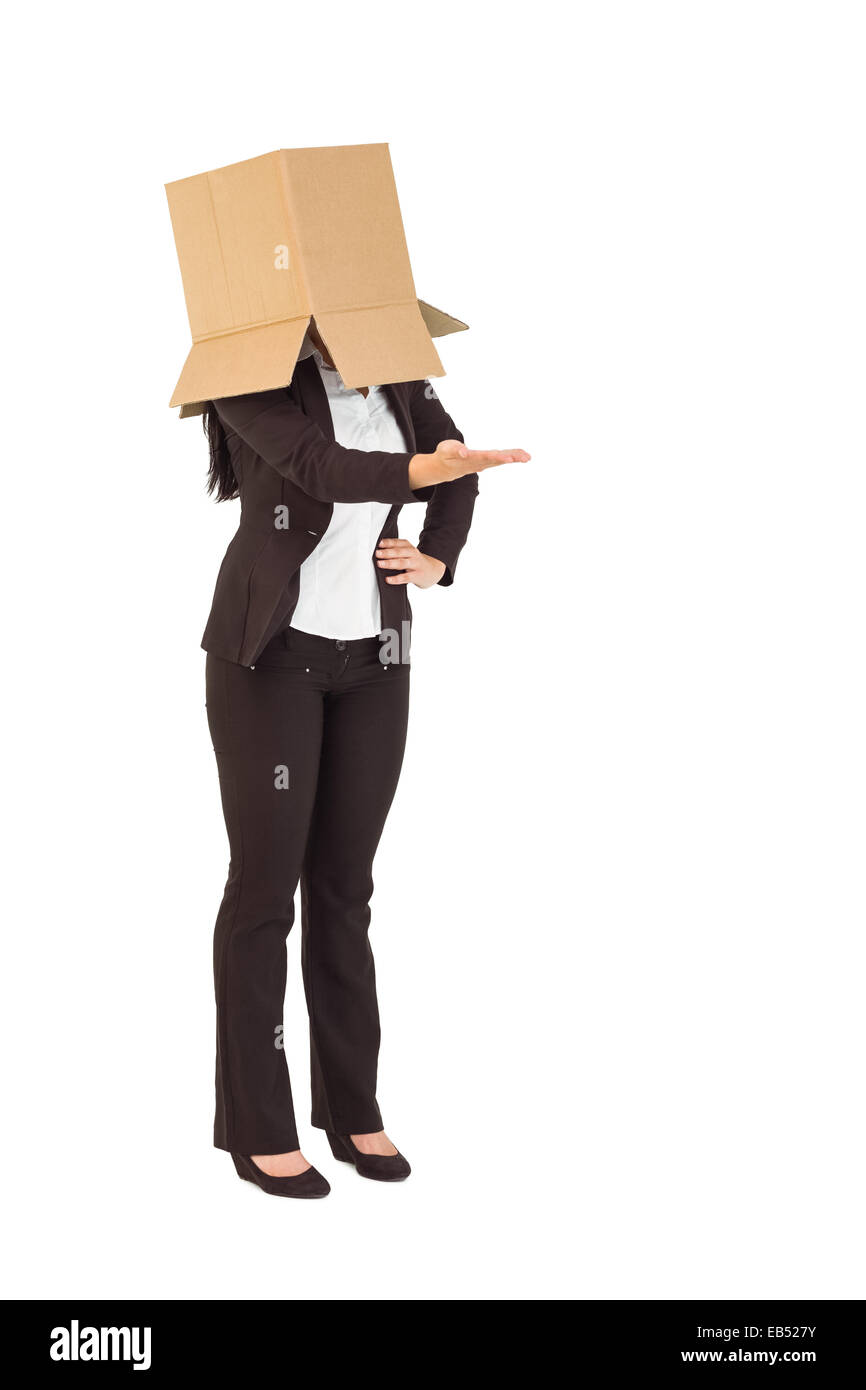 Businesswoman with box over head Stock Photo - Alamy